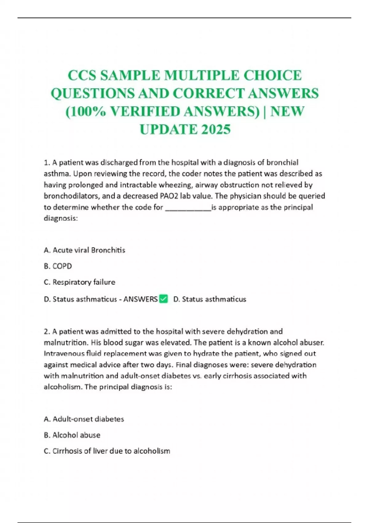 CCS SAMPLE MULTIPLE CHOICE QUESTIONS AND CORRECT ANSWERS (100% VERIFIED ANSWERS) | NEW UPDATE ...