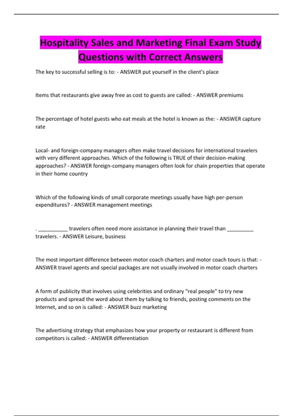 Hospitality Sales and Marketing Final Exam Study Questions with Correct ...