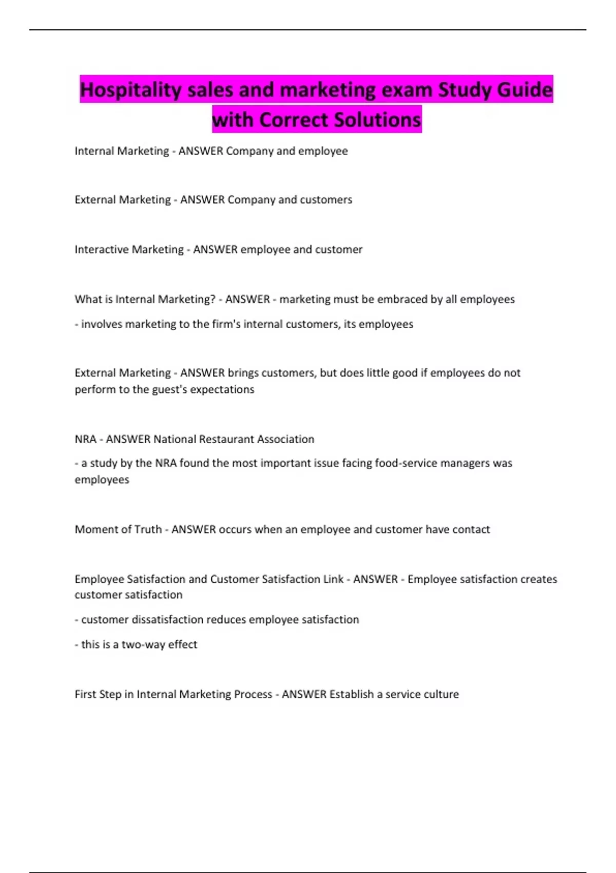 Hospitality sales and marketing exam Study Guide with Correct Solutions ...