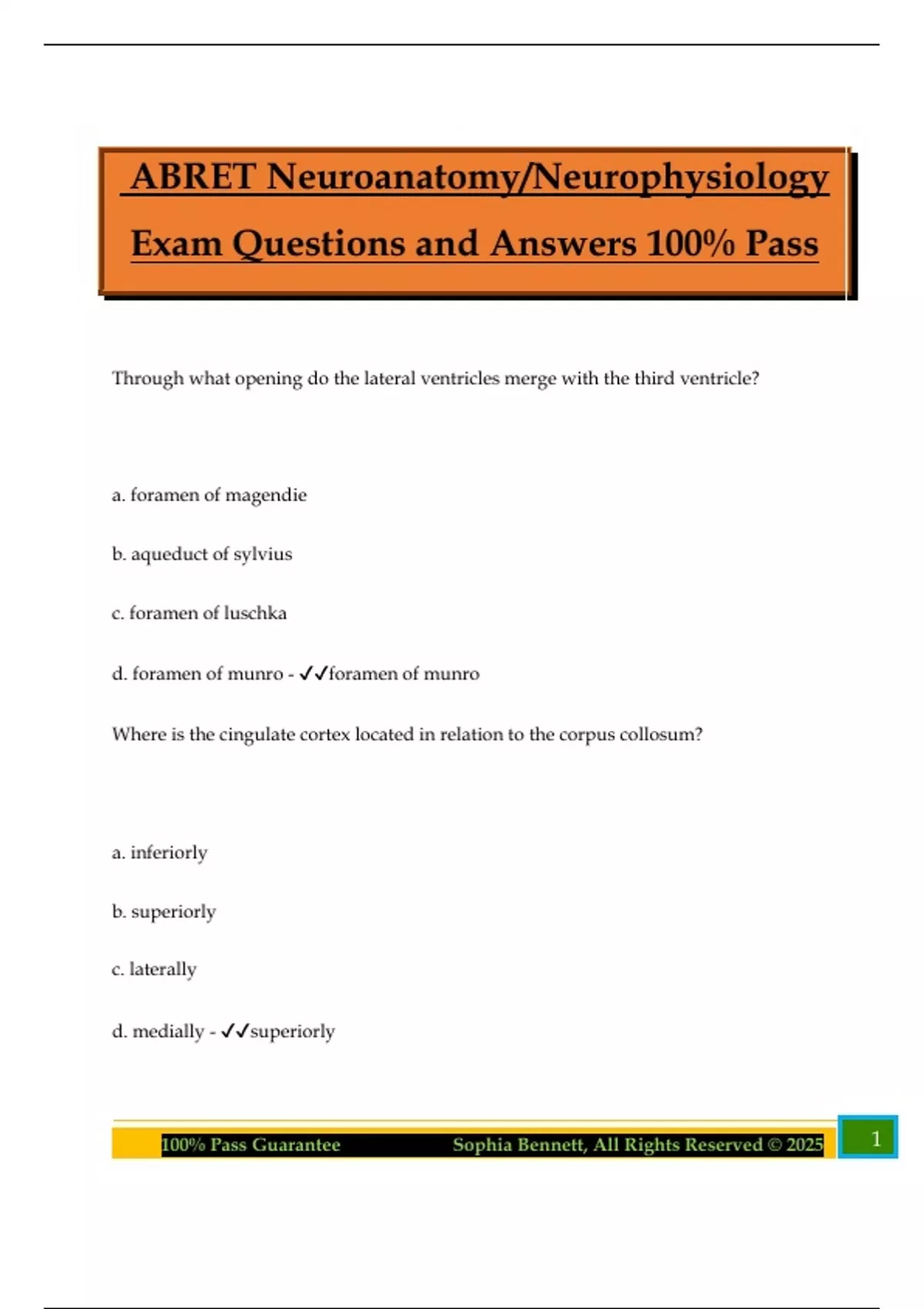 ABRET Neuroanatomy/Neurophysiology Exam Questions and Answers 100% Pass ...
