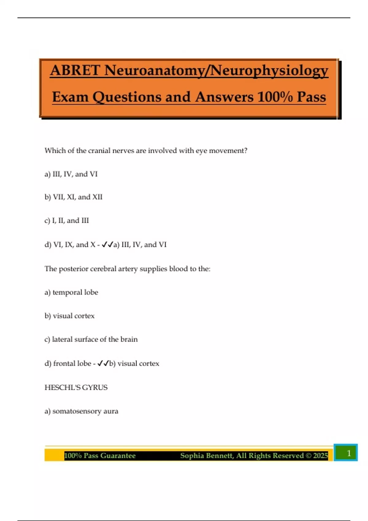 ABRET Neuroanatomy/Neurophysiology Exam Questions and Answers 100% Pass ...
