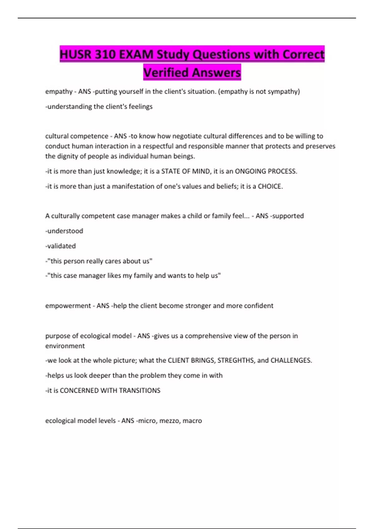 HUSR 310 EXAM Study Questions with Correct Verified Answers - HUSR 310 - Stuvia US