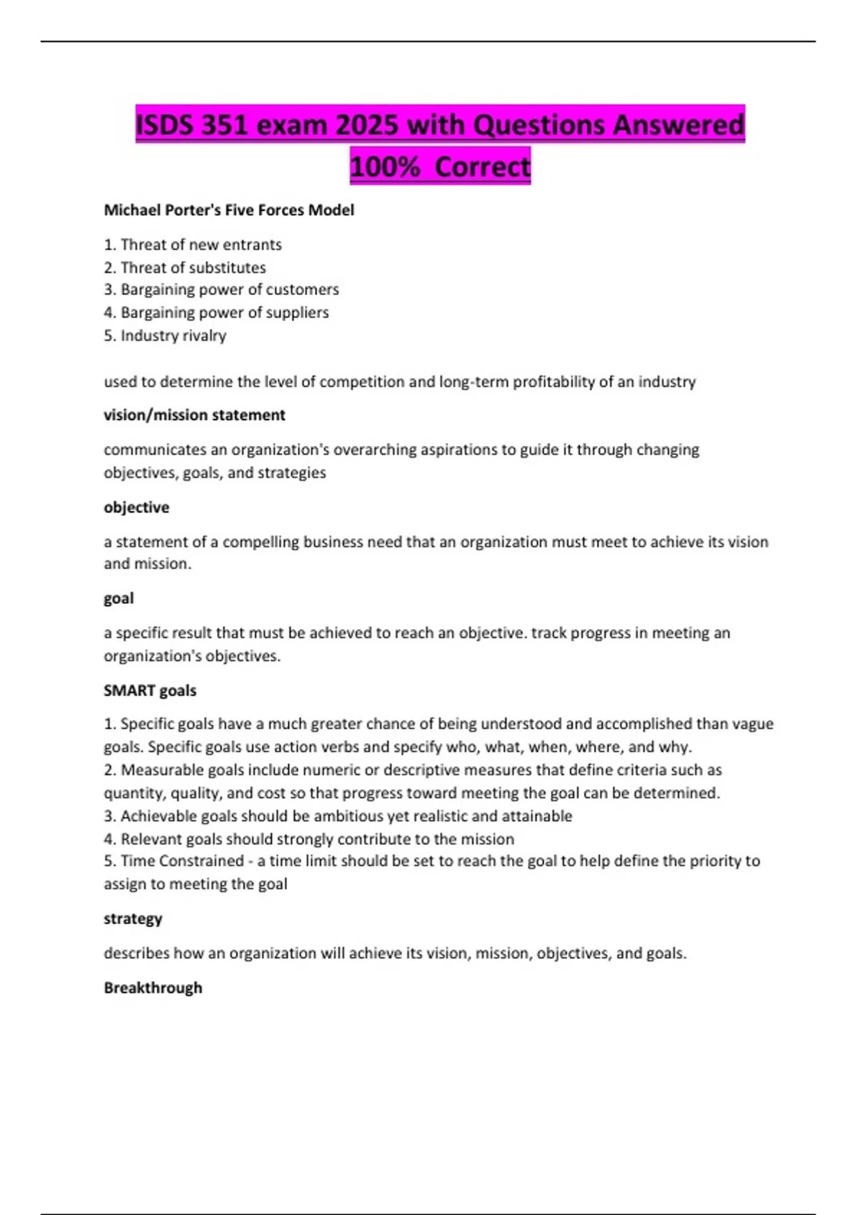 ISDS 351 exam 2025 with Questions Answered 100% Correct - ISDS 351 - Stuvia US