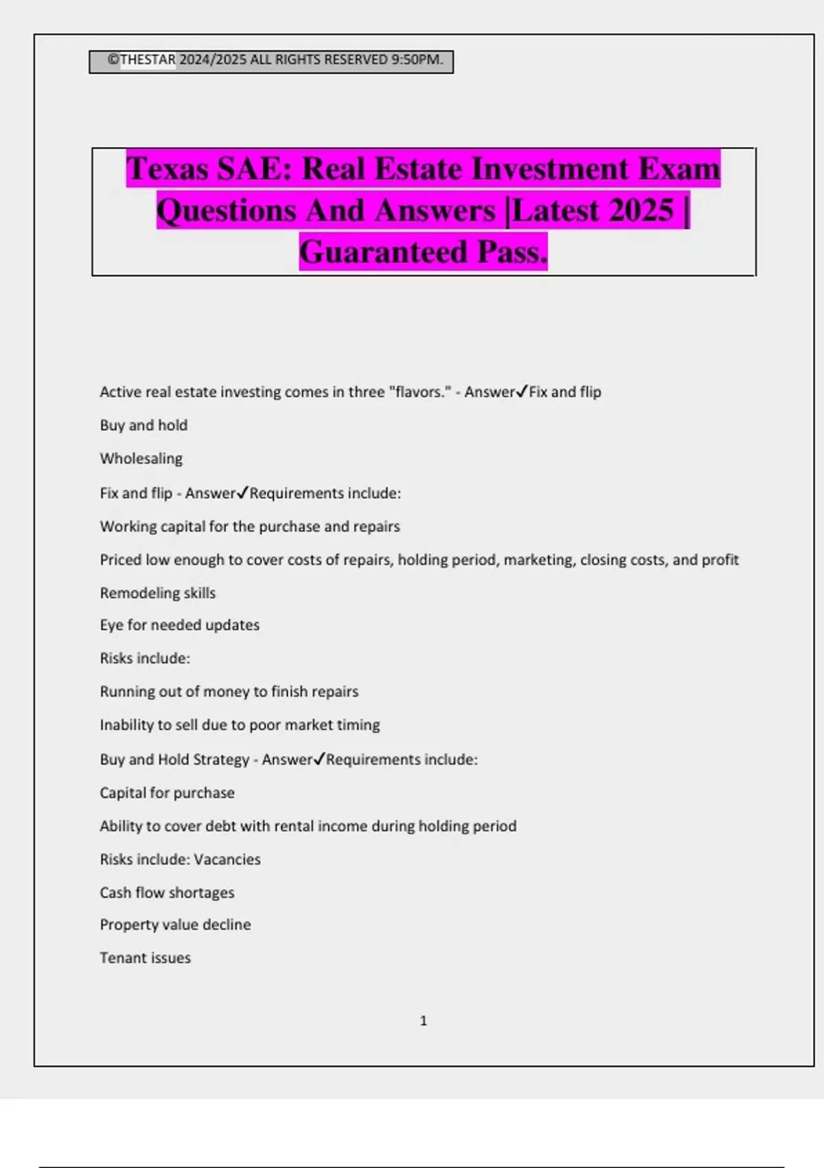 Texas SAE: Real Estate Investment Exam Questions And Answers |Latest ...