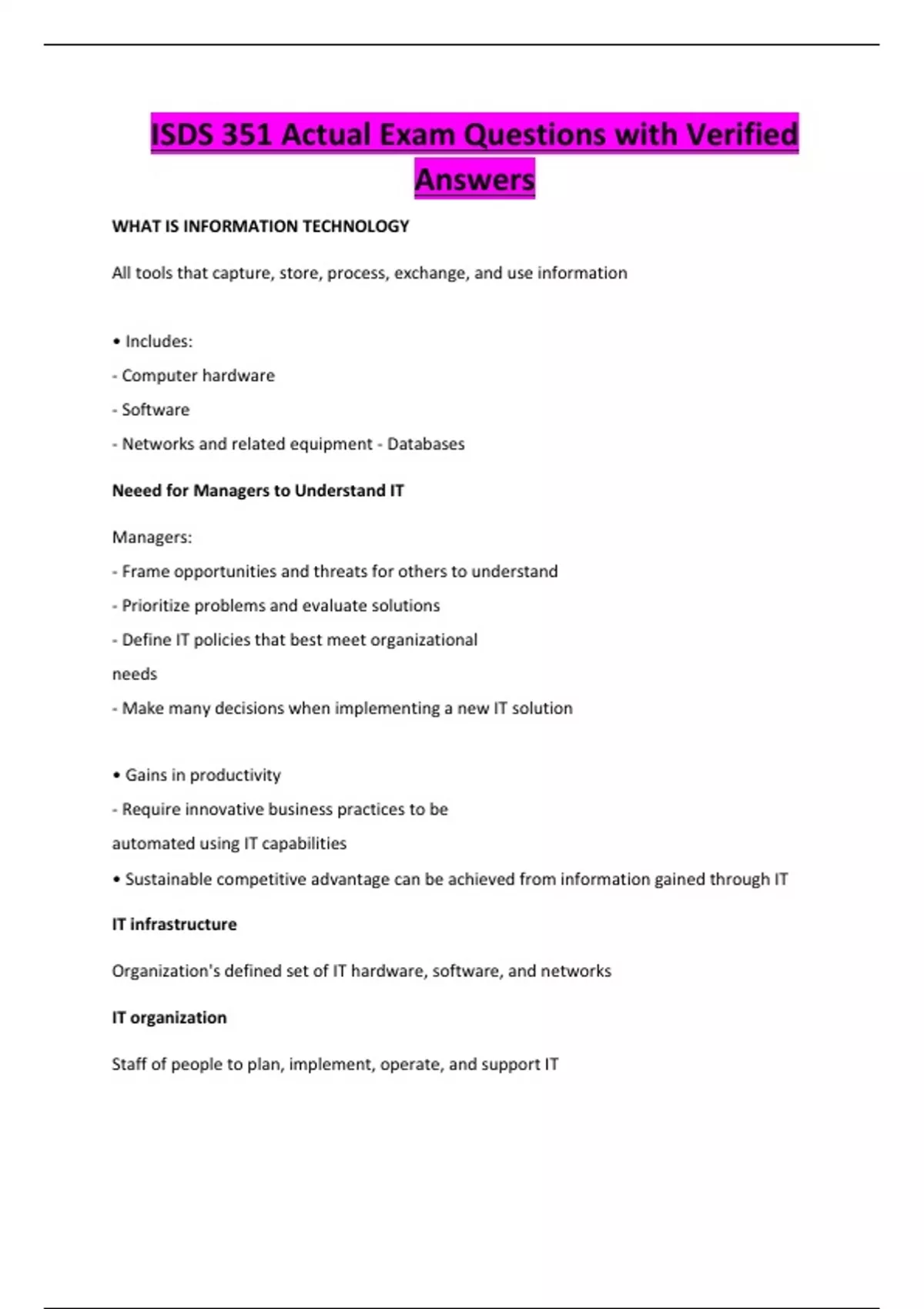 ISDS 351 Actual Exam Questions with Verified Answers - ISDS 351 - Stuvia US
