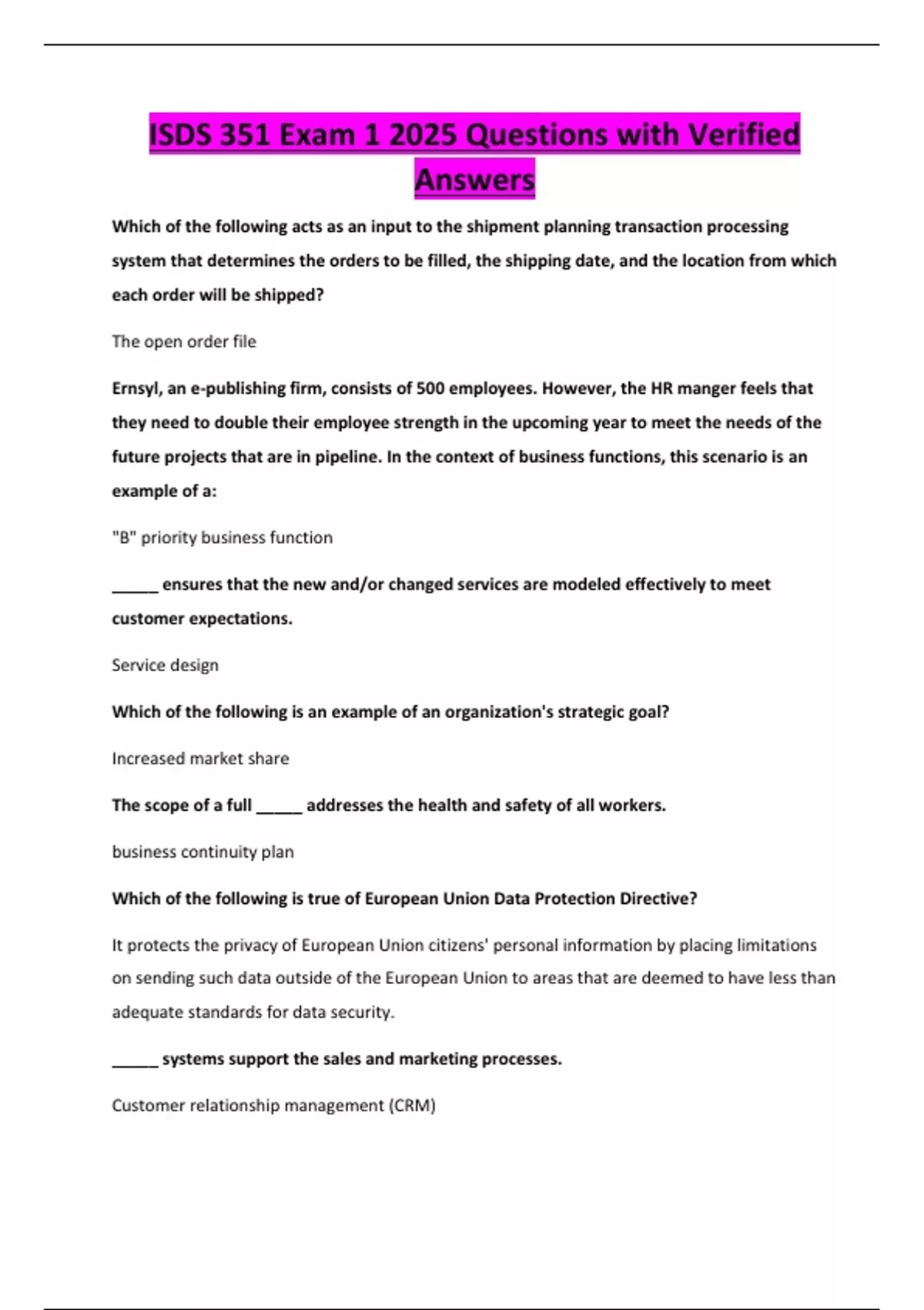 ISDS 351 Exam 1 2025 Questions with Verified Answers - ISDS 351 - Stuvia US