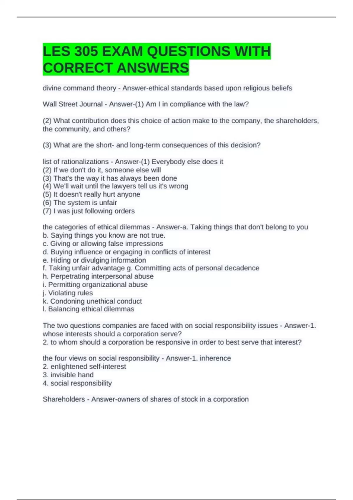 LES 305 EXAM QUESTIONS WITH CORRECT ANSWERS - LES 305 - Stuvia US