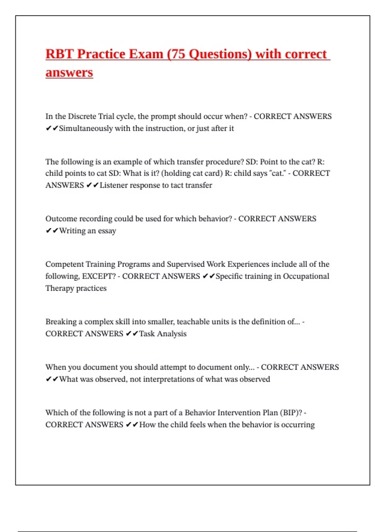 RBT Practice Exam (75 Questions) with correct answers, - Rbt - Stuvia US