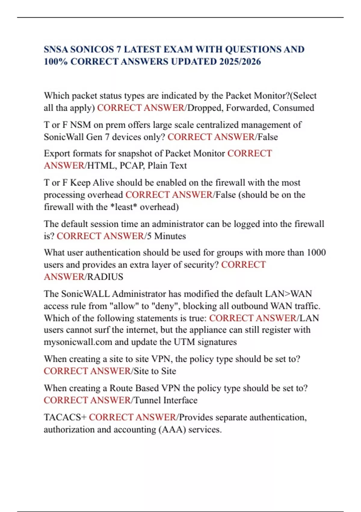 SNSA SONICOS 7 LATEST EXAM WITH QUESTIONS AND 100% CORRECT ANSWERS ...