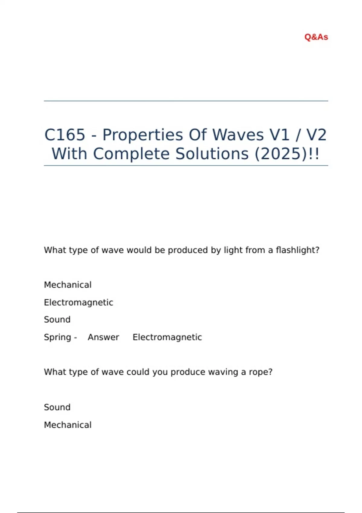 C165 - Properties Of Waves V1 - V2 With Complete Solutions (2025)!! - C165 - Stuvia US