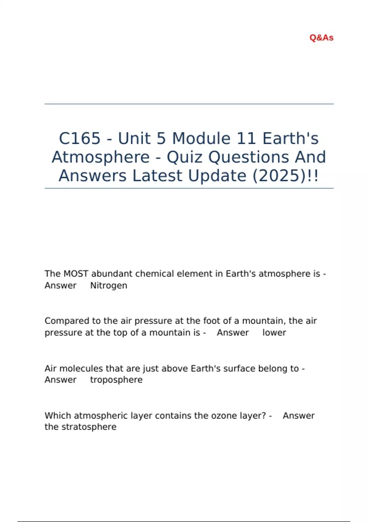 C165 - Unit 5 Module 11 Earth-s Atmosphere - Quiz Questions And Answers ...