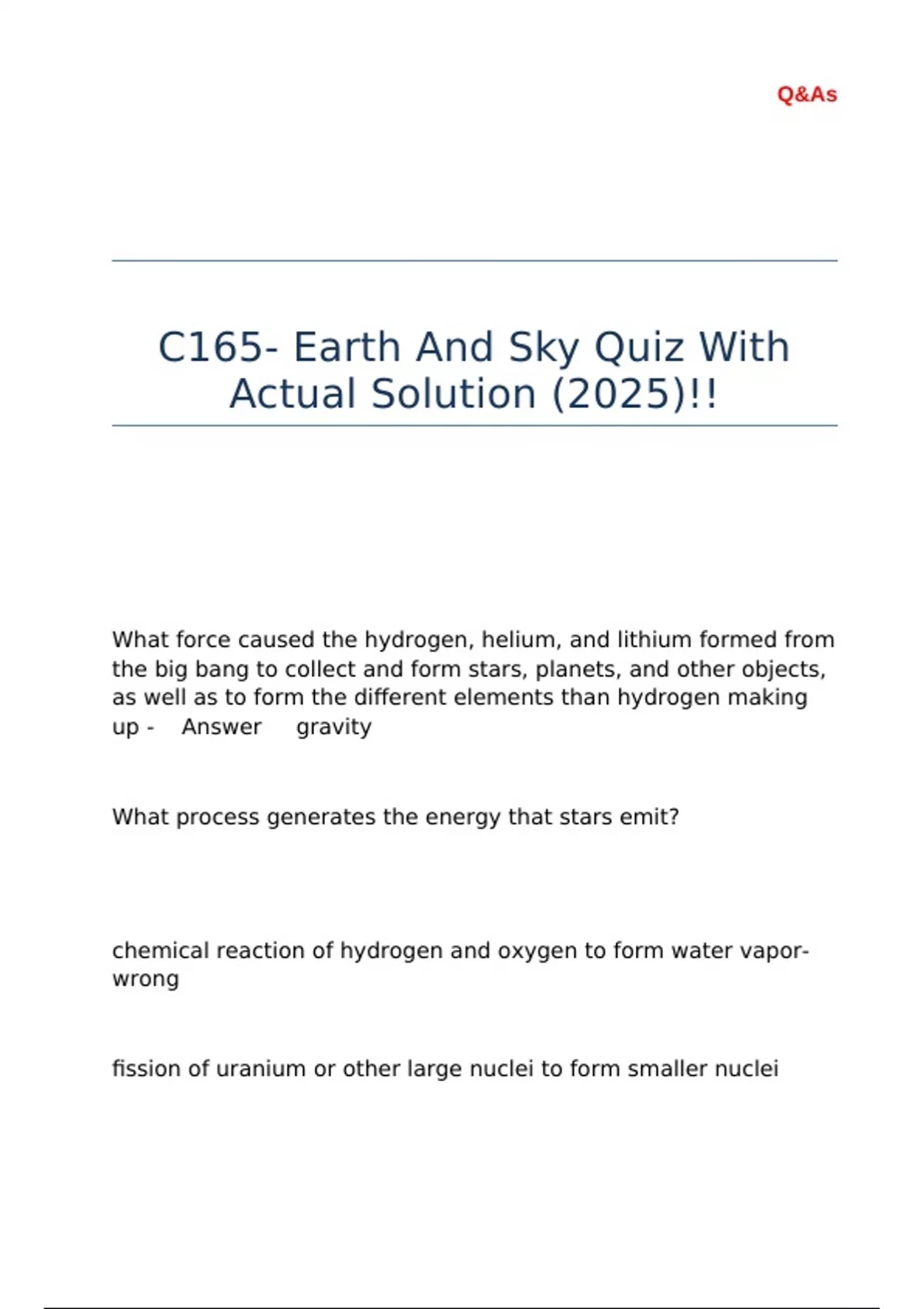 C165- Earth And Sky Quiz With Actual Solution (2025)!! - C165 - Stuvia US