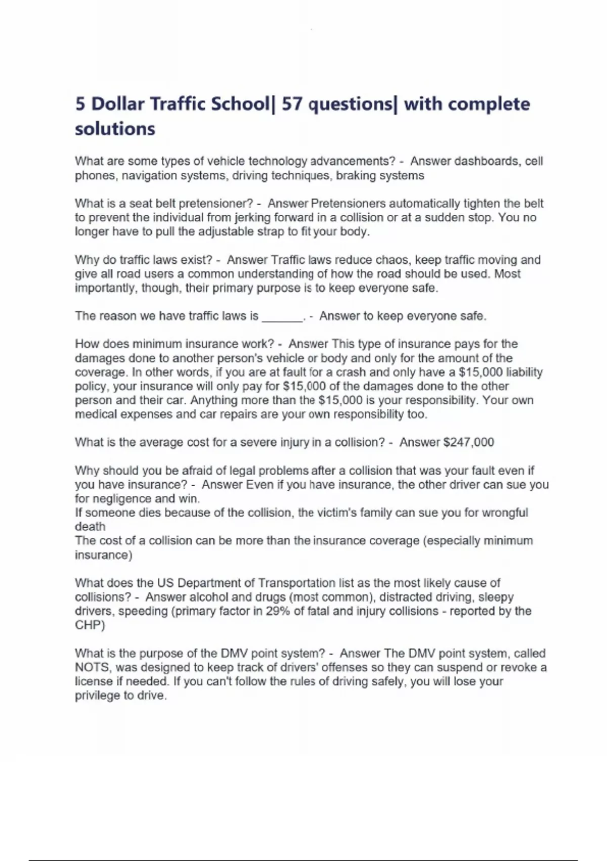 5 Dollar Traffic School| 57 questions| with complete solutions ...