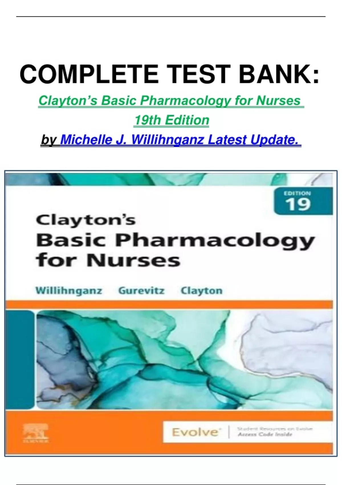 COMPLETE TEST BANK: Clayton’s Basic Pharmacology for Nurses 19th ...