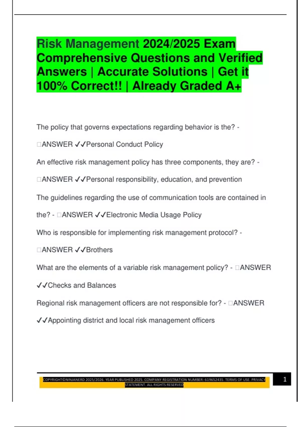 Risk Management 2024/2025 Exam Comprehensive Questions and Verified ...