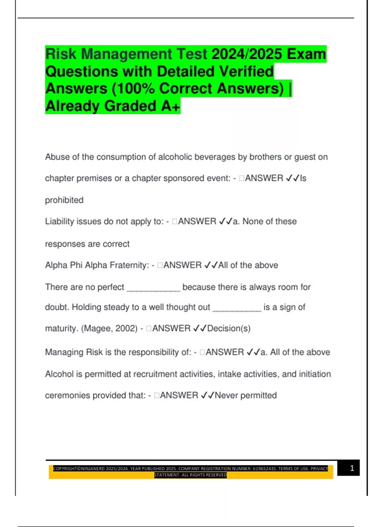 Risk Management Test 2024/2025 Exam Questions with Detailed Verified ...