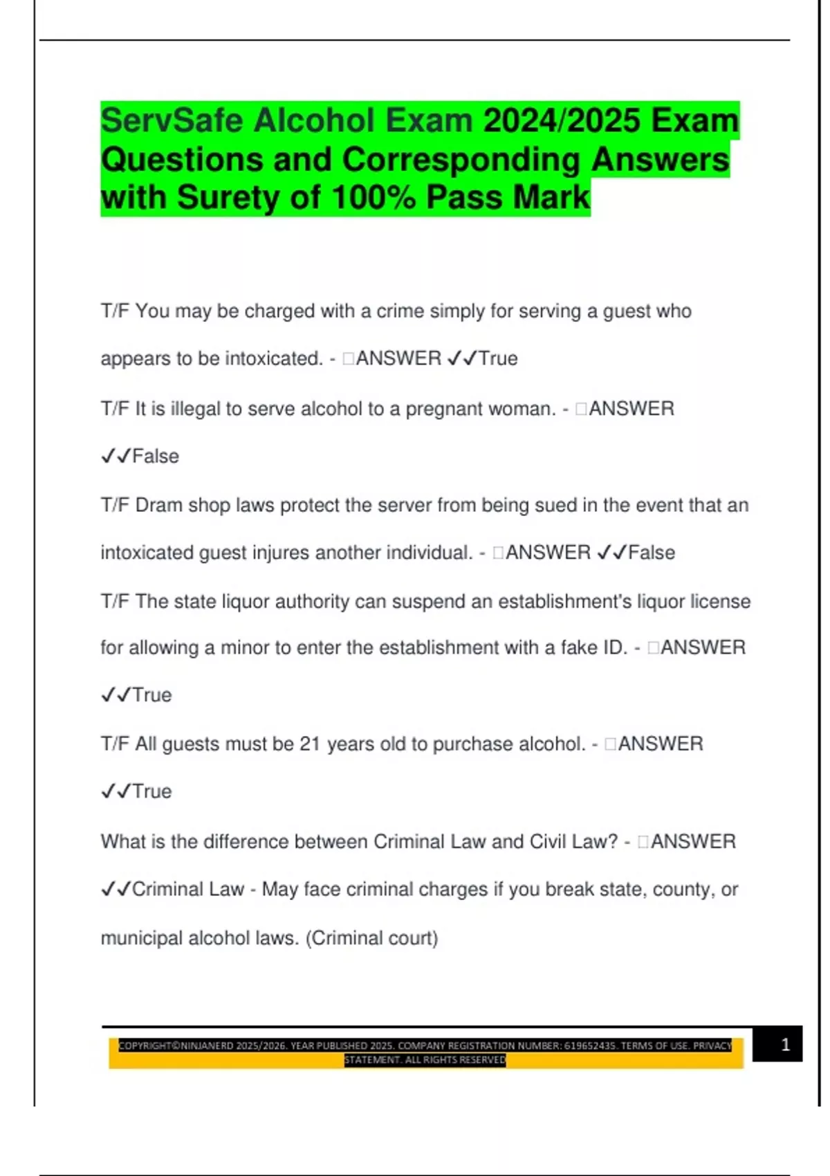 ServSafe Alcohol Exam 2024/2025 Exam Questions and Corresponding ...