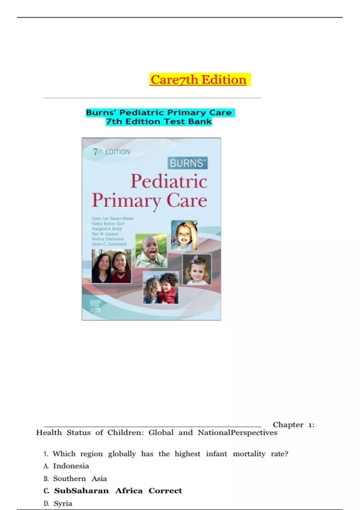 TEST BANK For Burns' Pediatric Primary Care 7th Edition -All Chapters ...