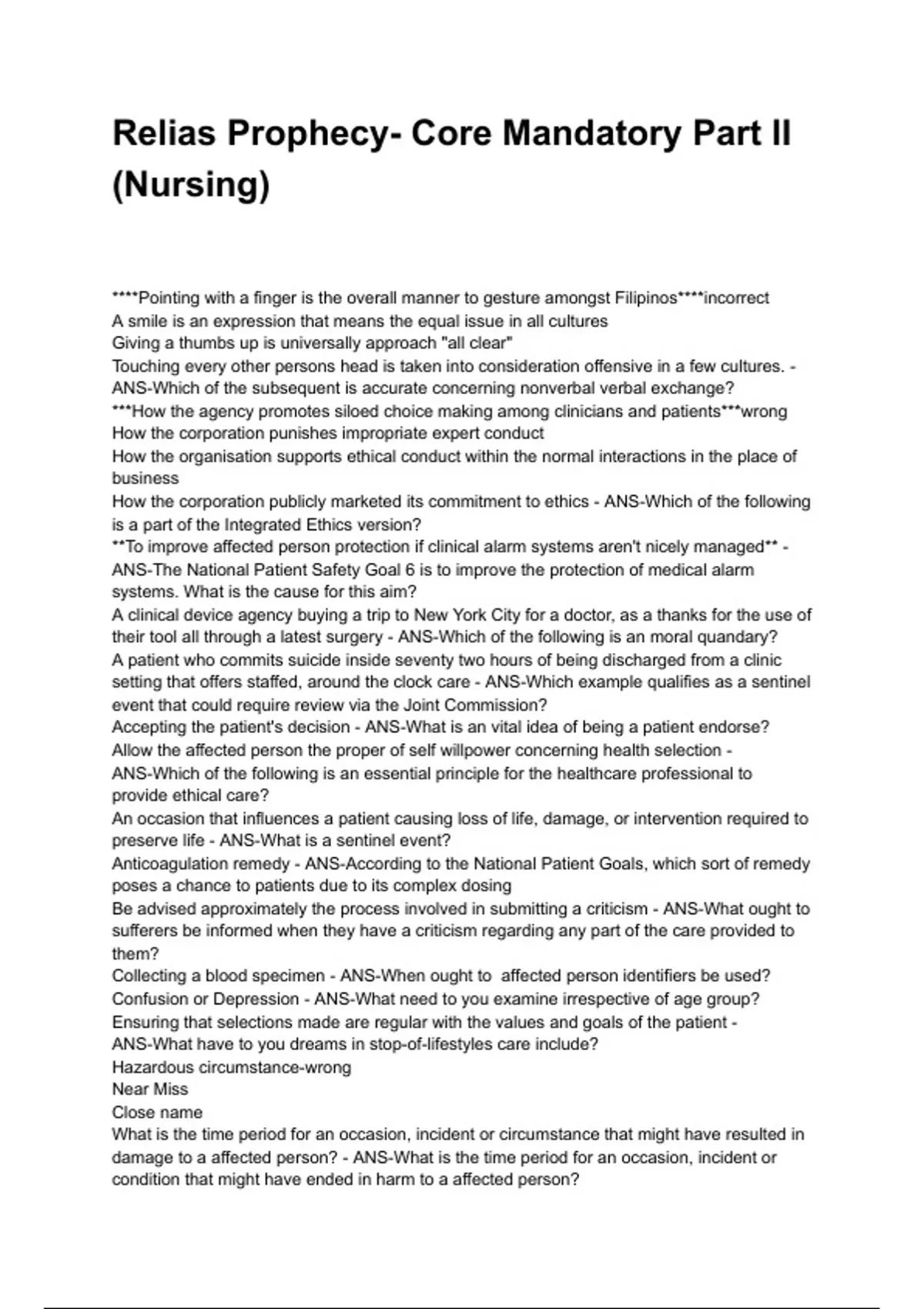 Relias Prophecy- Core Mandatory Part II (Nursing) (2025/2026 Newest ...