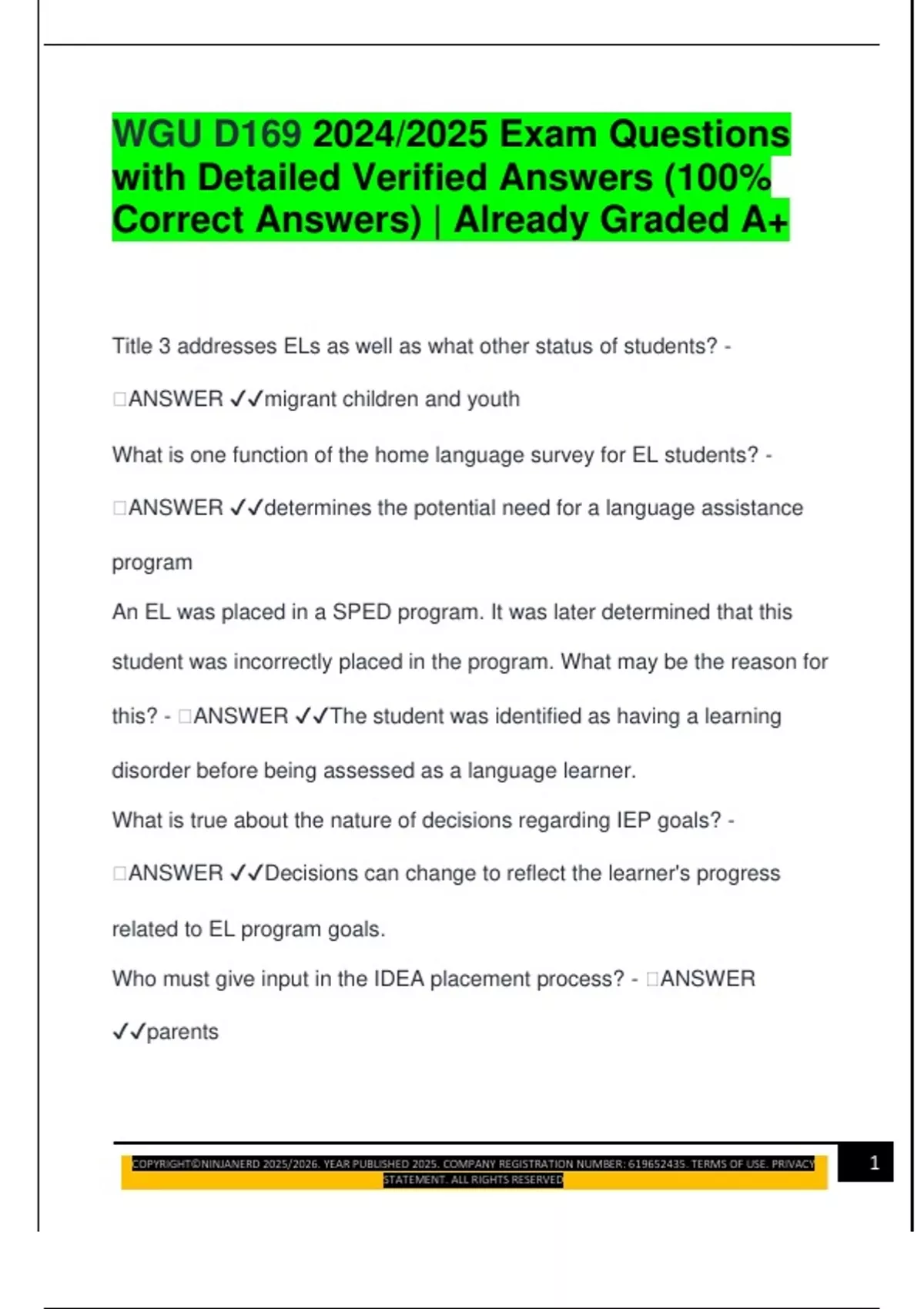 WGU D169 2024/2025 Exam Questions with Detailed Verified Answers (100% Correct Answers ...