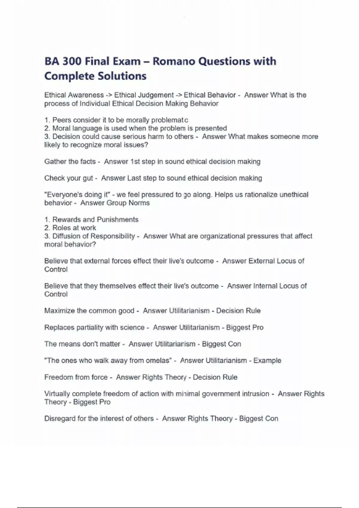 BA 300 Final Exam – Romano Questions with Complete Solutions - BA300 ...