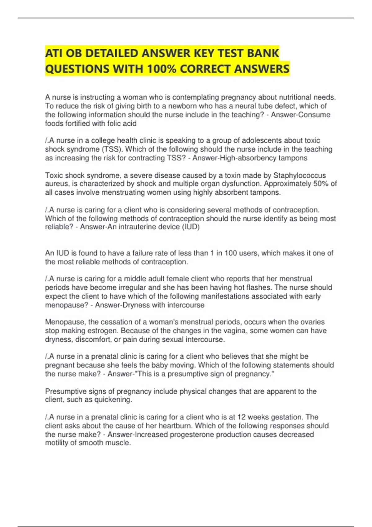 ATI OB DETAILED ANSWER KEY TEST BANK QUESTIONS WITH 100% CORRECT ...