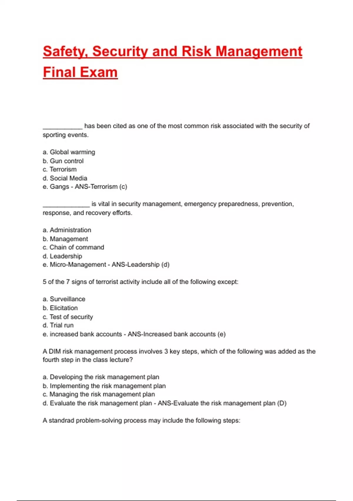 Safety, Security and Risk Management Final Exam 2025/2026 Questions ...