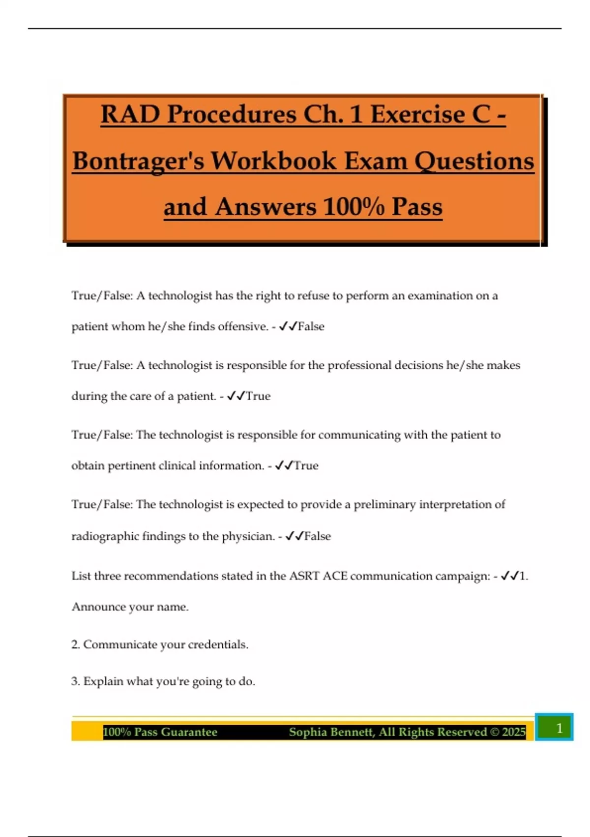 RAD Procedures Ch. 1 Exercise C - Bontrager's Workbook Exam Questions ...