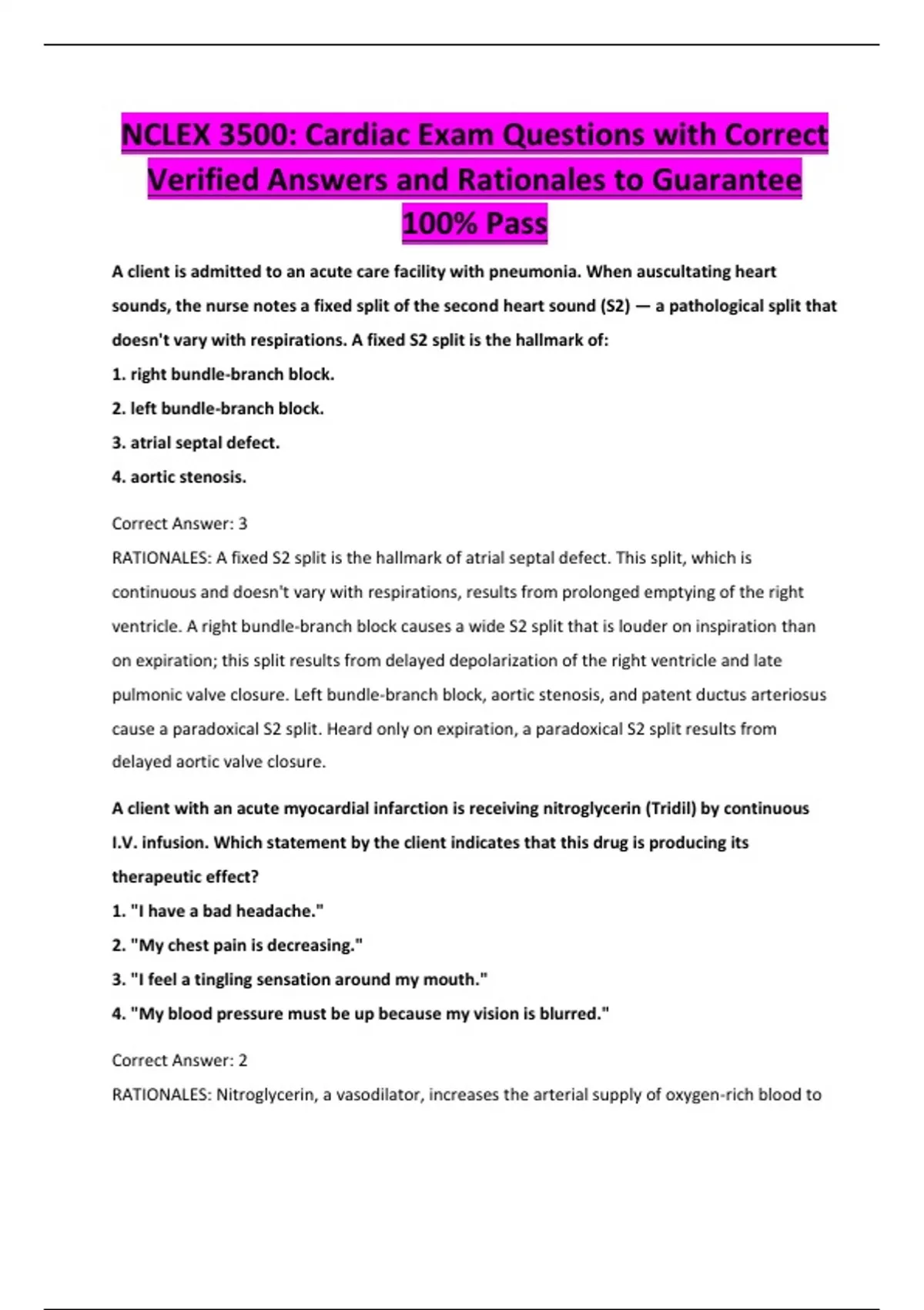 NCLEX 3500: Cardiac Exam Questions with Correct Verified Answers and ...