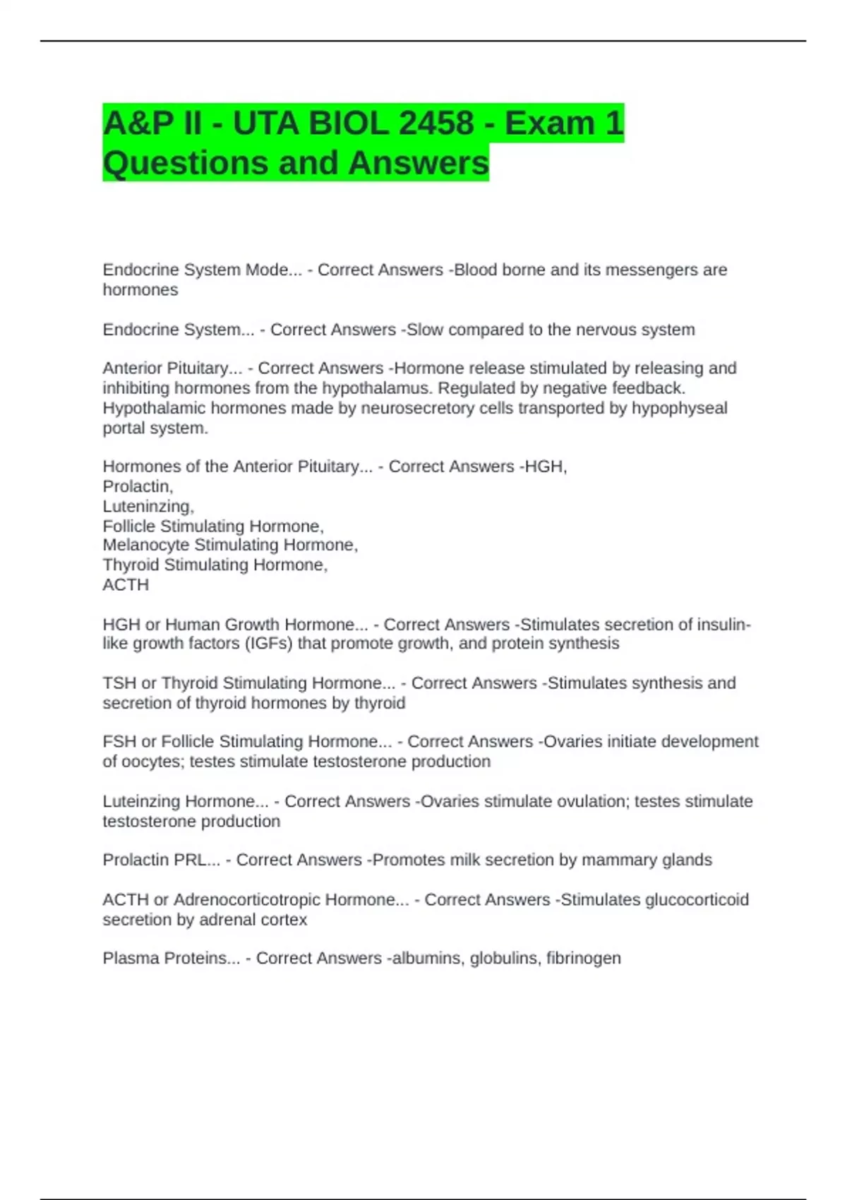 A&P II - UTA BIOL 2458 - Exam 1 Questions and Answers - UTA - Stuvia US