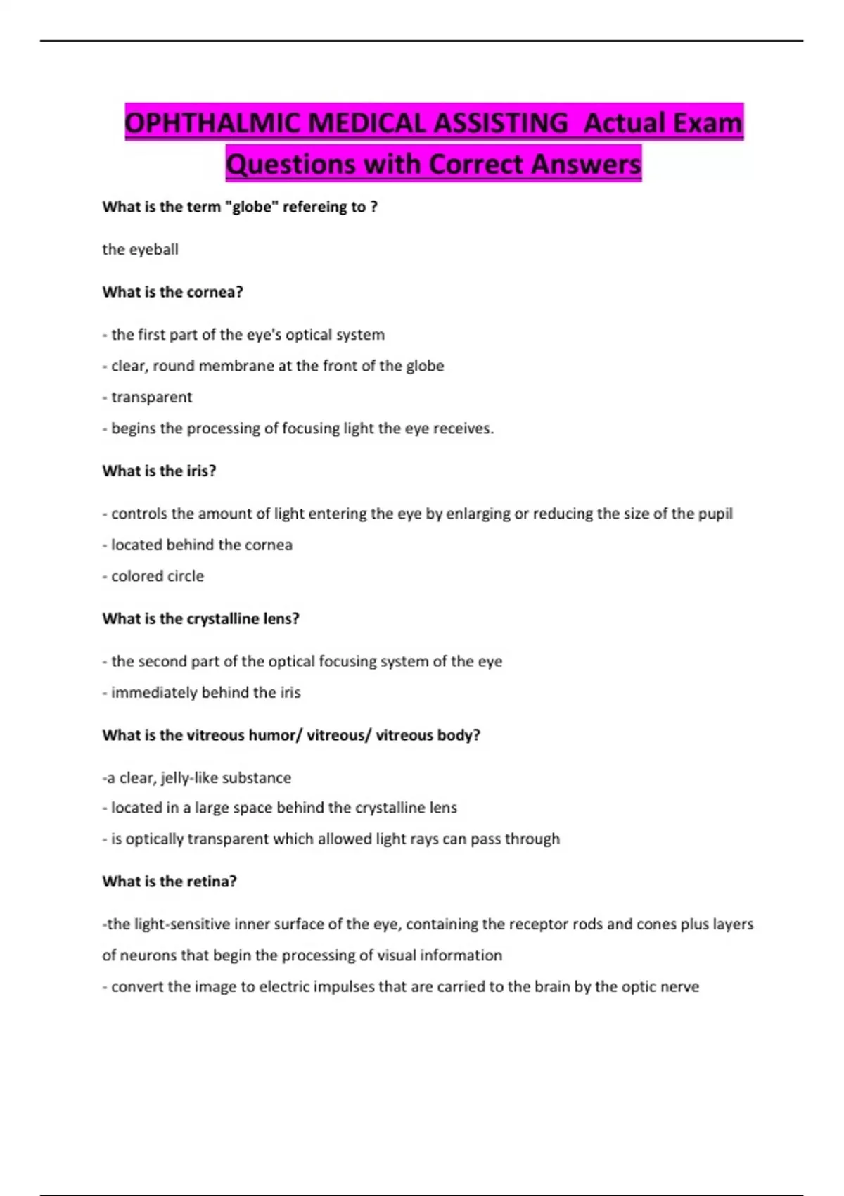 OPHTHALMIC MEDICAL ASSISTING Actual Exam Questions with Correct Answers ...