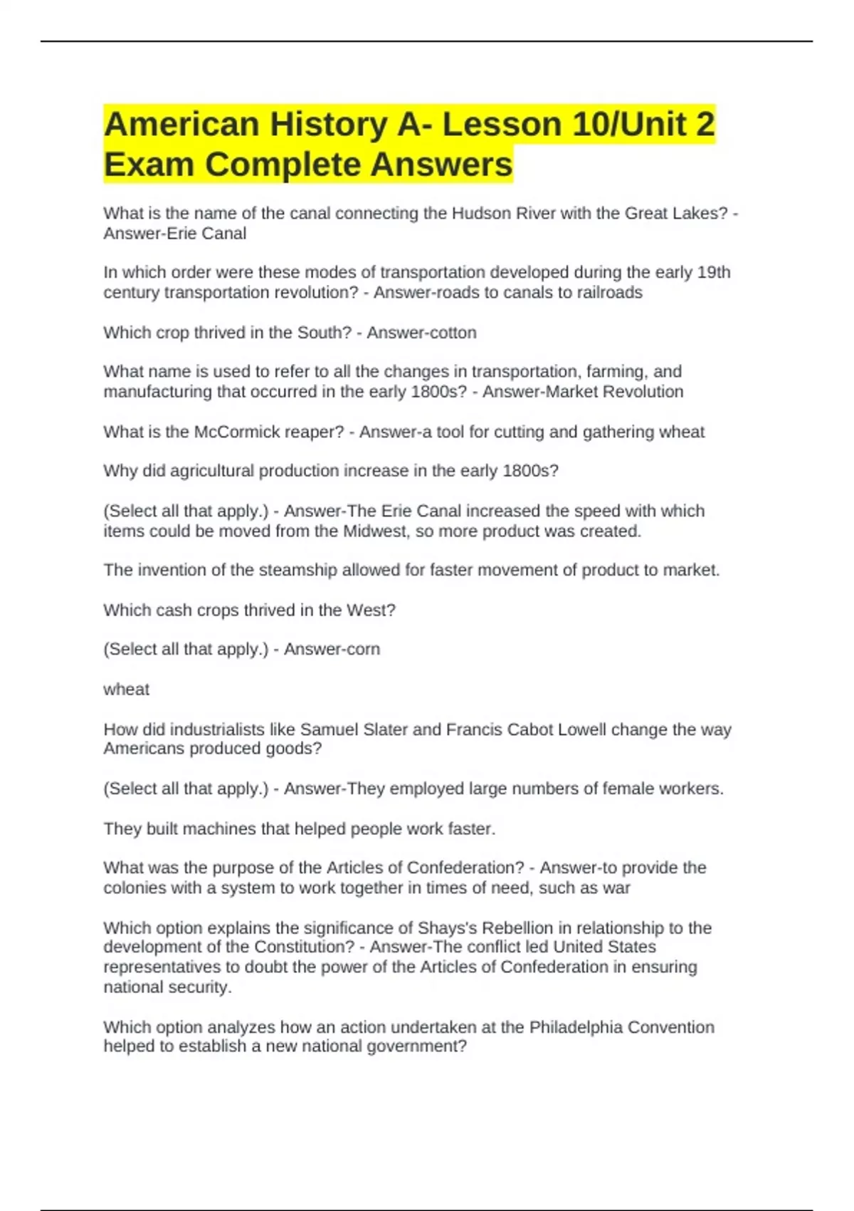 American History A- Lesson 10/Unit 2 Exam Complete Answers - Bank ...