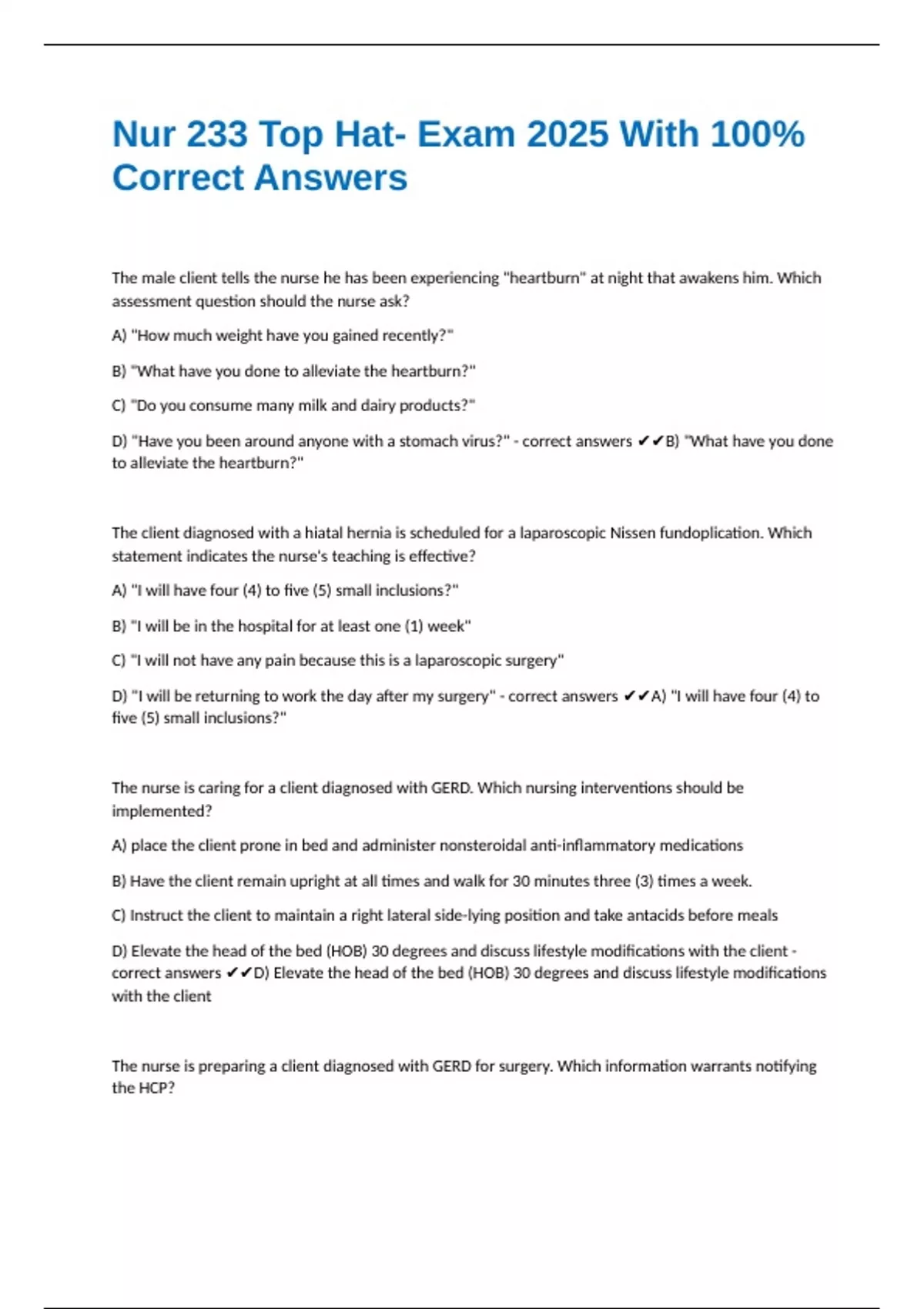 Nur 233 Top Hat- Exam 2025 With 100% Correct Answers - Nur 233 Top Hat ...