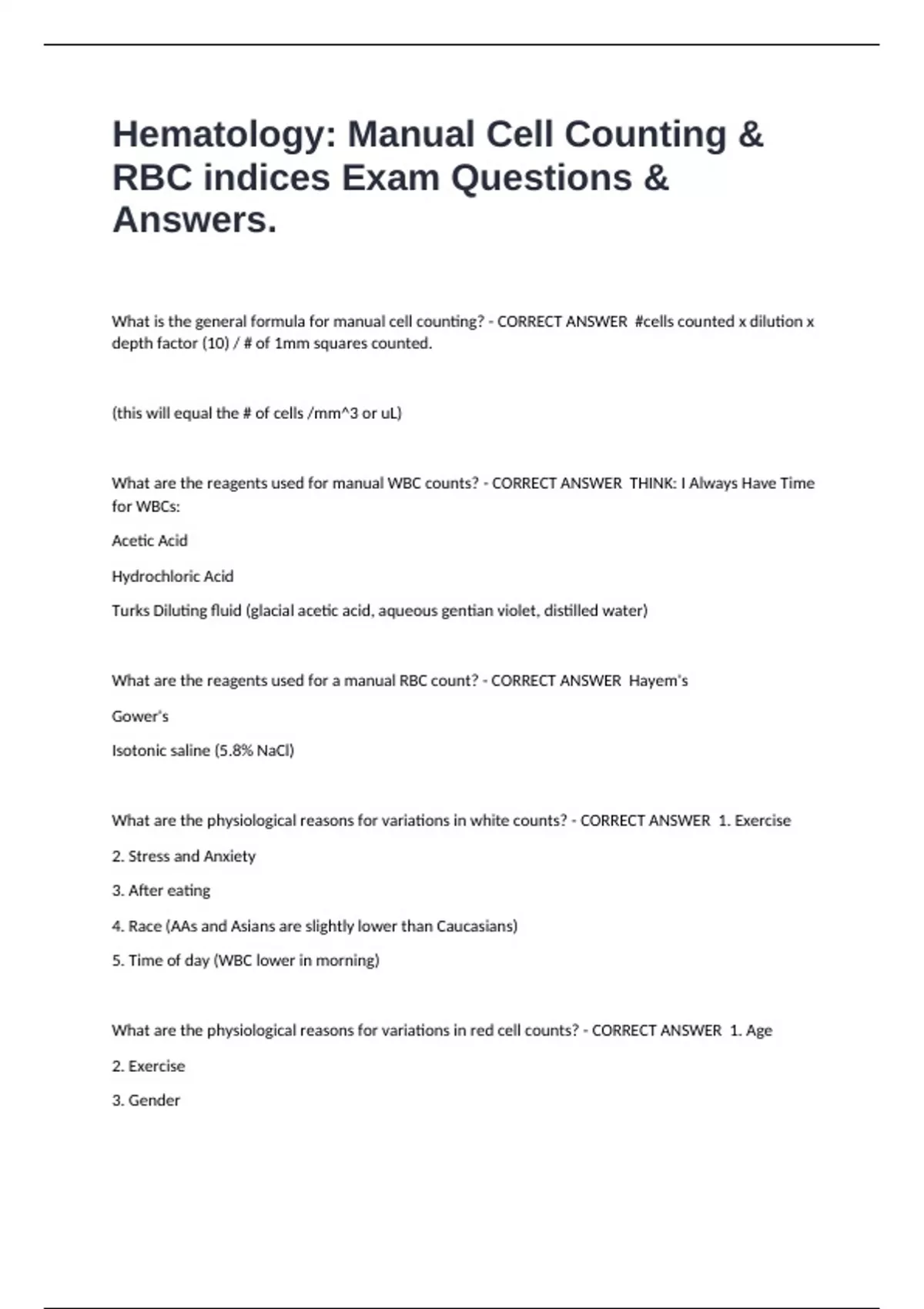 Hematology: Manual Cell Counting & RBC indices Exam Questions & Answers. - RBC - Stuvia US