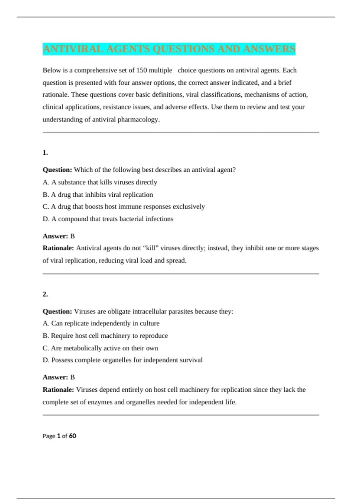 ANTIVIRAL AGENTS REVISION QUESTIONS WITH ANSWERS - NURSING - Stuvia US