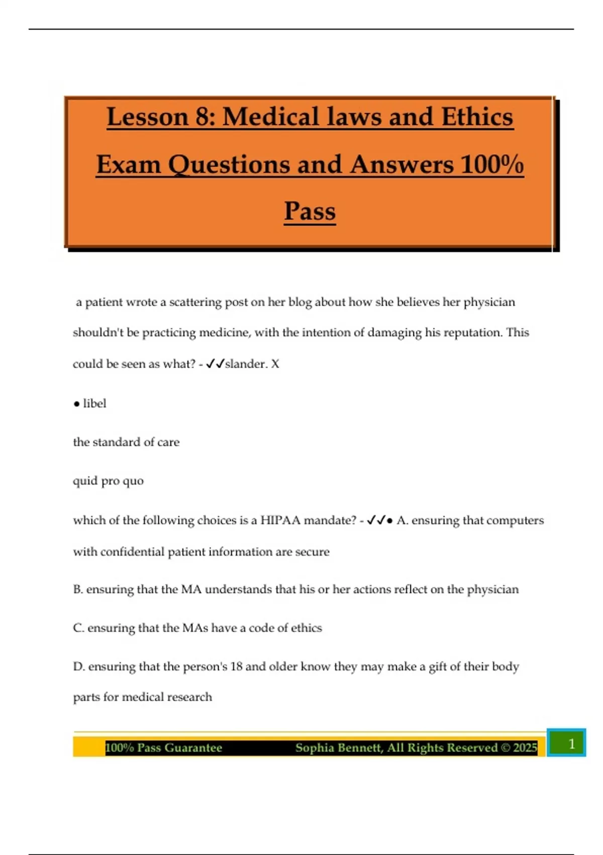 Lesson 8: Medical laws and Ethics Exam Questions and Answers 100% Pass ...