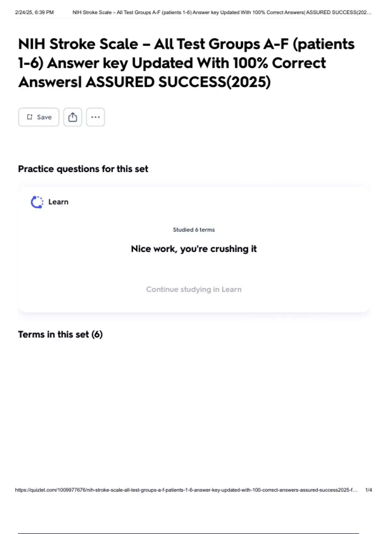 NIH Stroke Scale – All Test Groups A-F (patients 1-6) Answer key ...