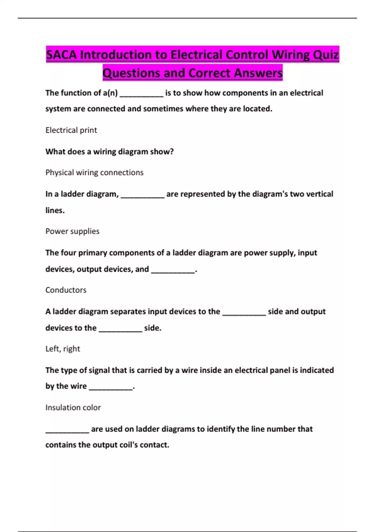 SACA Introduction to Electrical Control Wiring Quiz Questions and ...
