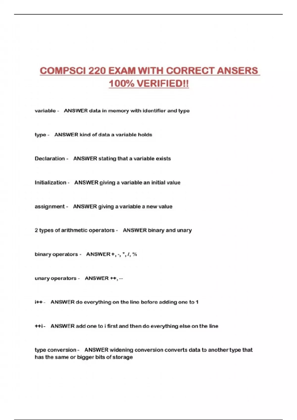 COMPSCI 220 EXAM WITH CORRECT ANSERS 100% VERIFIED!! - COMPSCI 220 - Stuvia US