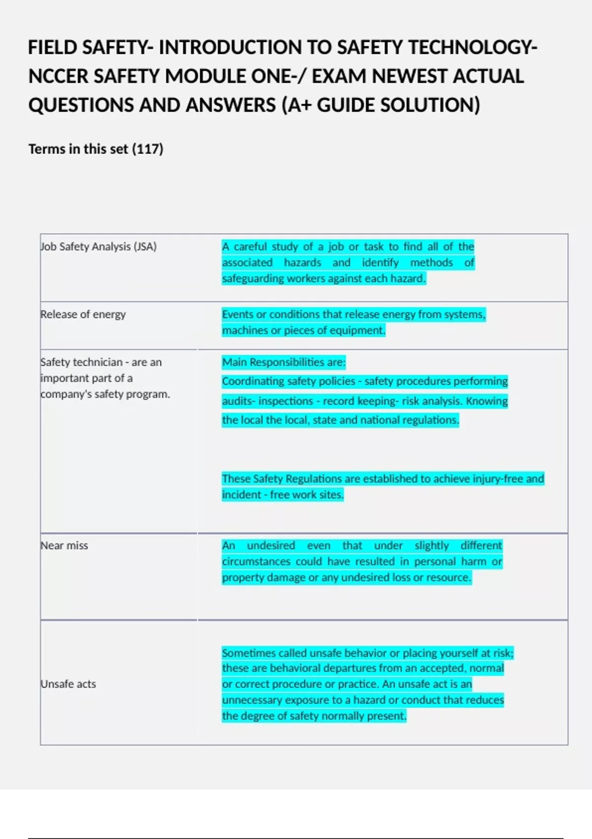 FIELD SAFETY- INTRODUCTION TO SAFETY TECHNOLOGY- NCCER SAFETY MODULE ...
