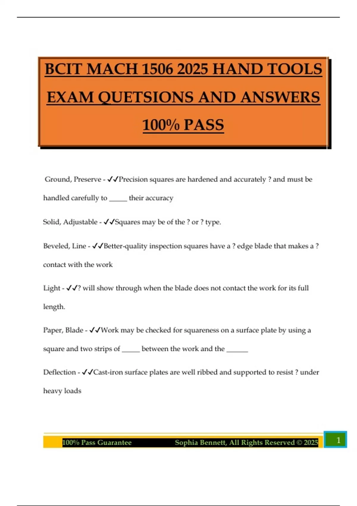 BCIT MACH HAND TOOLS EXAM QUETSIONS AND ANSWERS 100% PASS - BCIT Mach ...