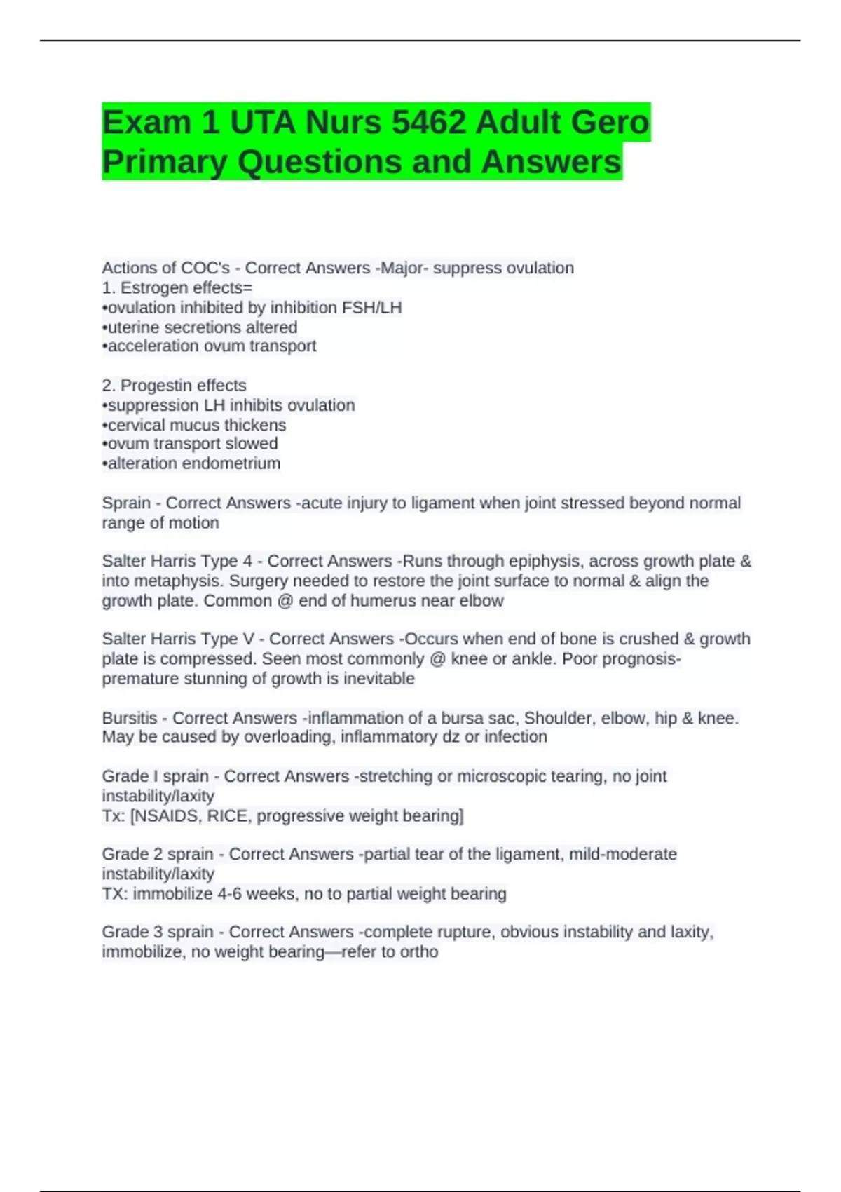 Exam 1 UTA Nurs 5462 Adult Gero Primary Questions and Answers - UTA ...