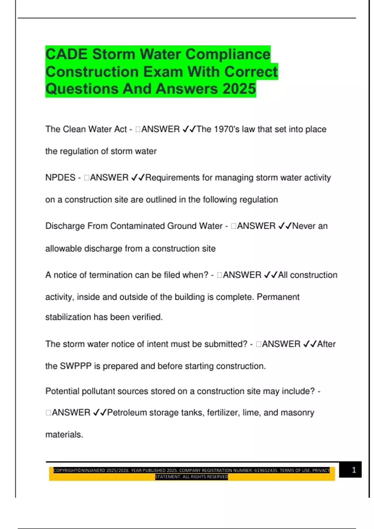 CADE Storm Water Compliance Construction Exam With Correct Questions ...