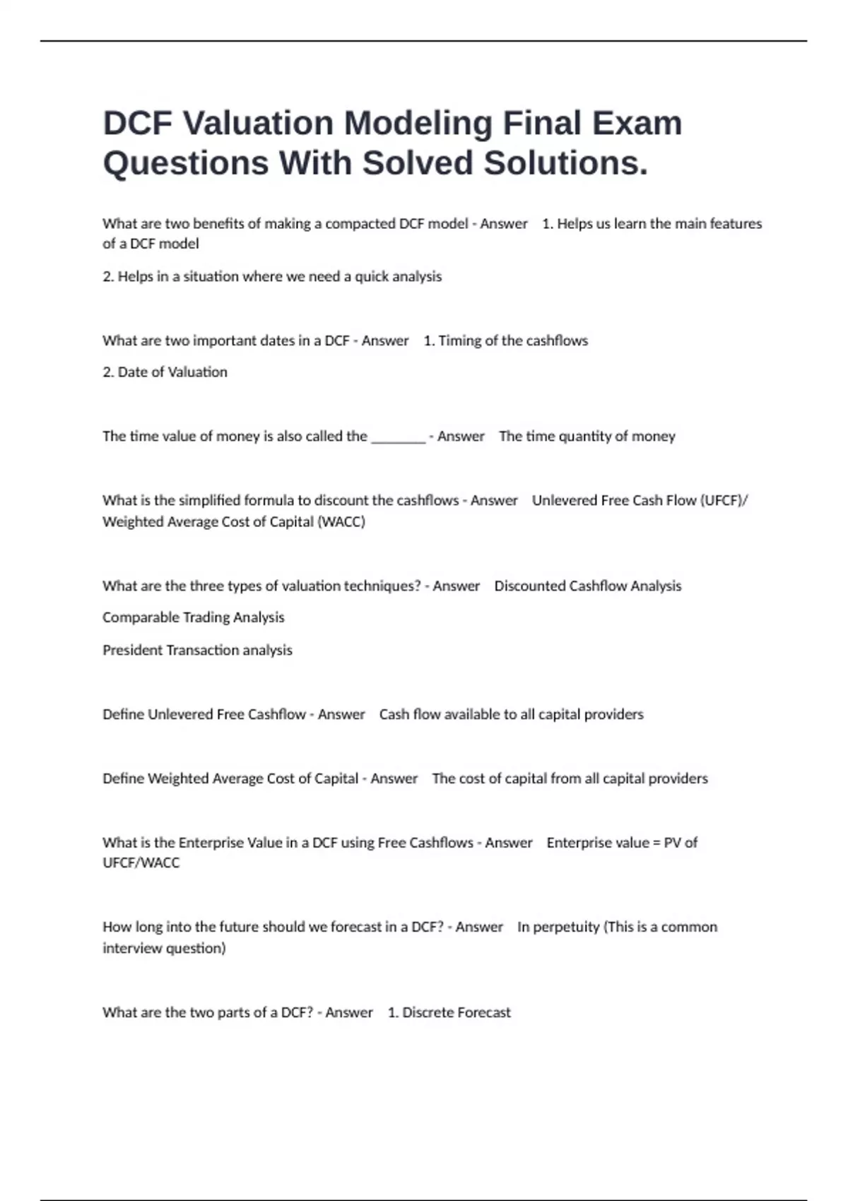 DCF Valuation Modeling Final Exam Questions With Solved Solutions ...