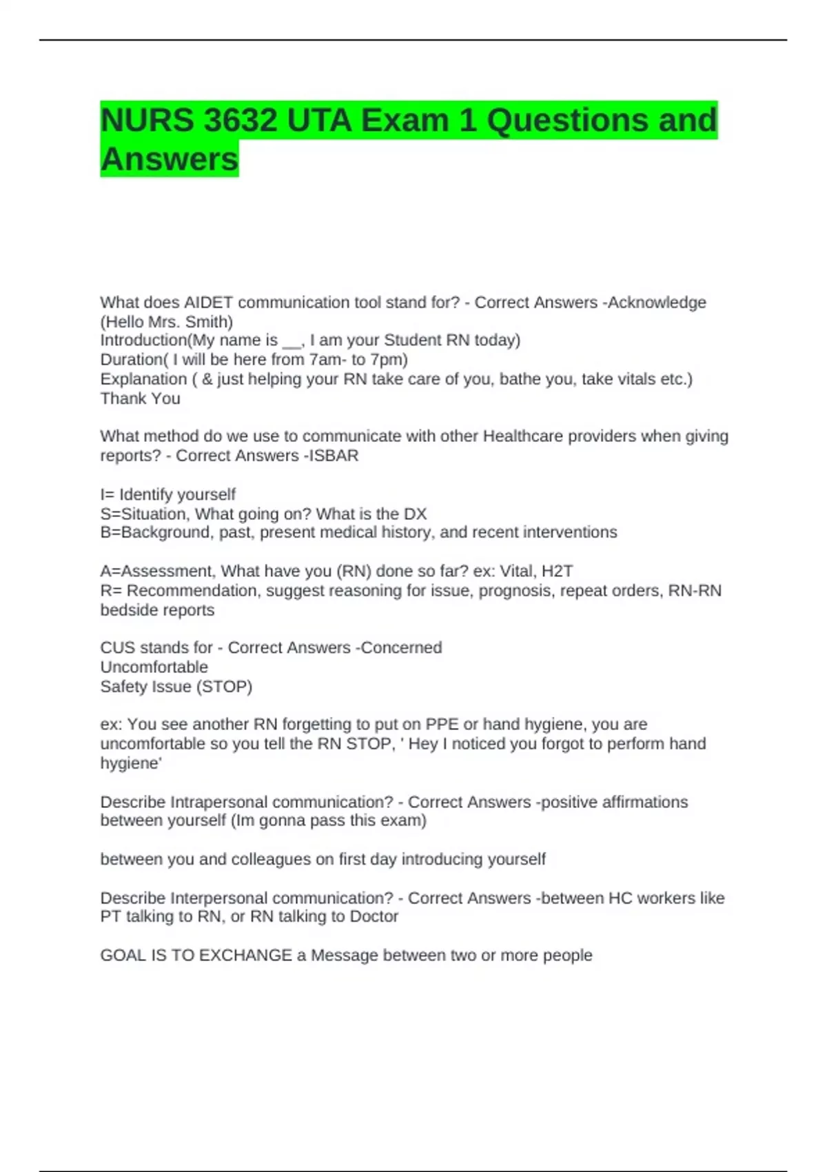 NURS 3632 UTA Exam 1 Questions and Answers - UTA - Stuvia US