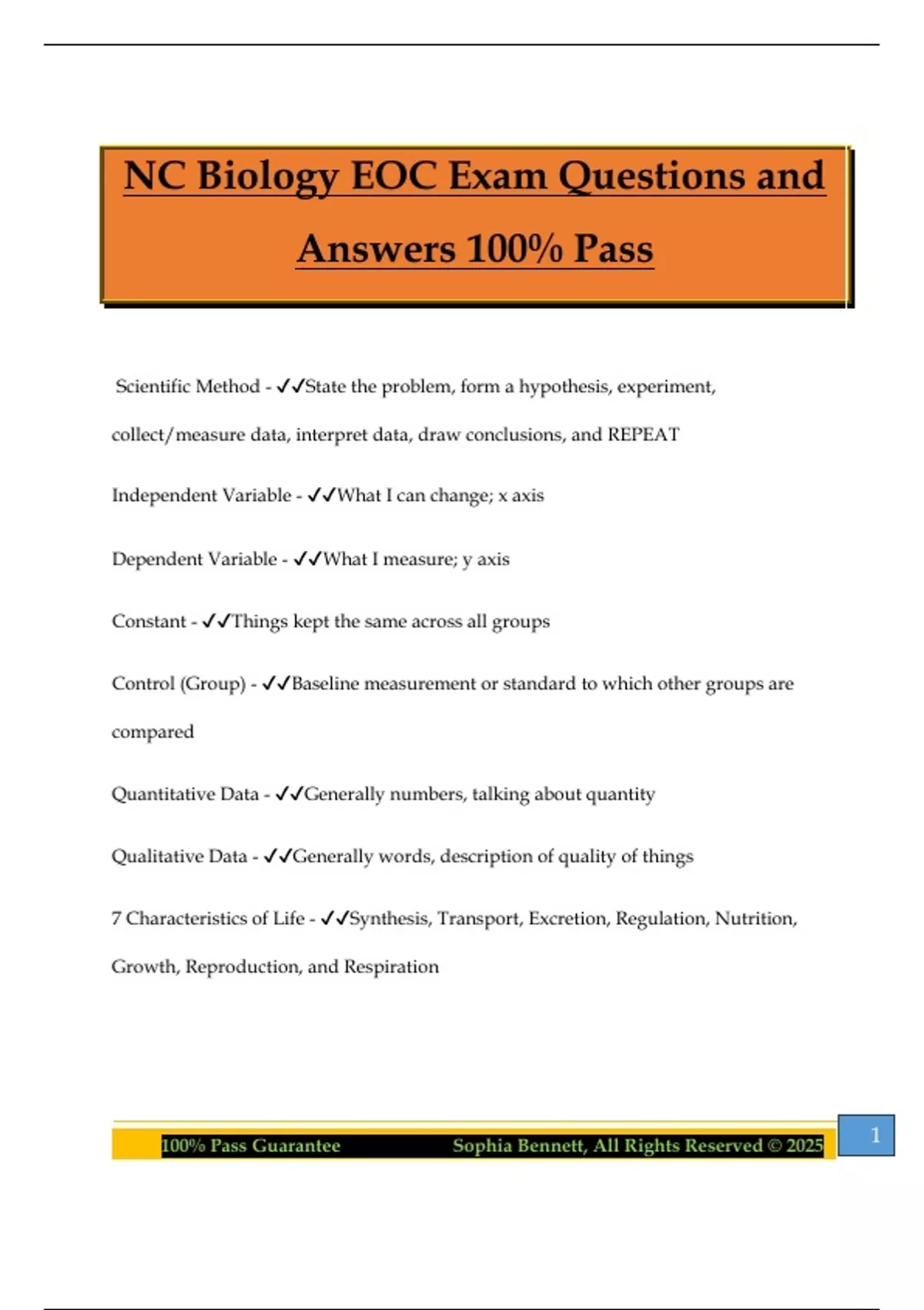 NC Biology EOC Exam Questions and Answers 100% Pass - Biology EOC ...