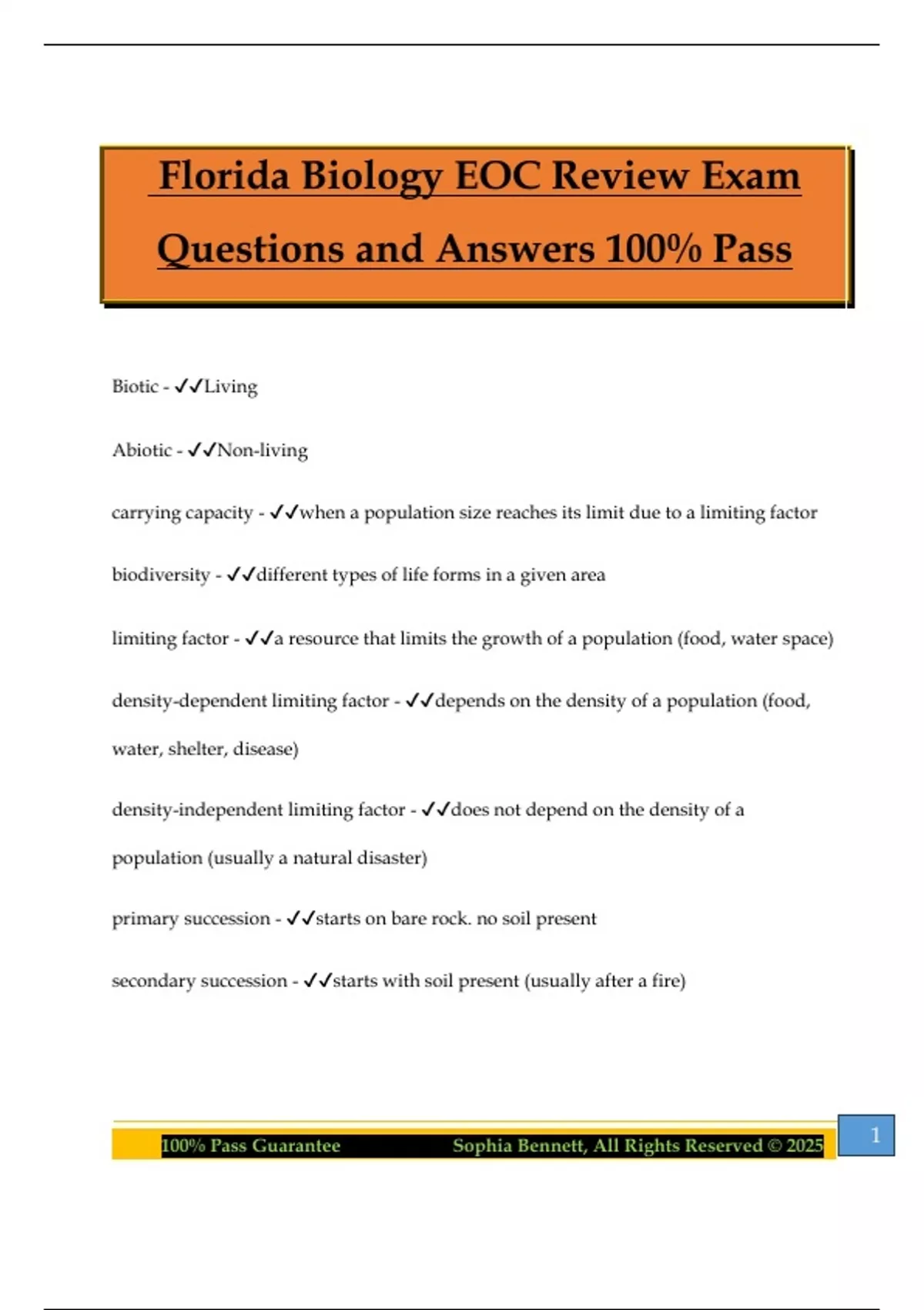 Florida Biology EOC Review Exam Questions and Answers 100% Pass ...