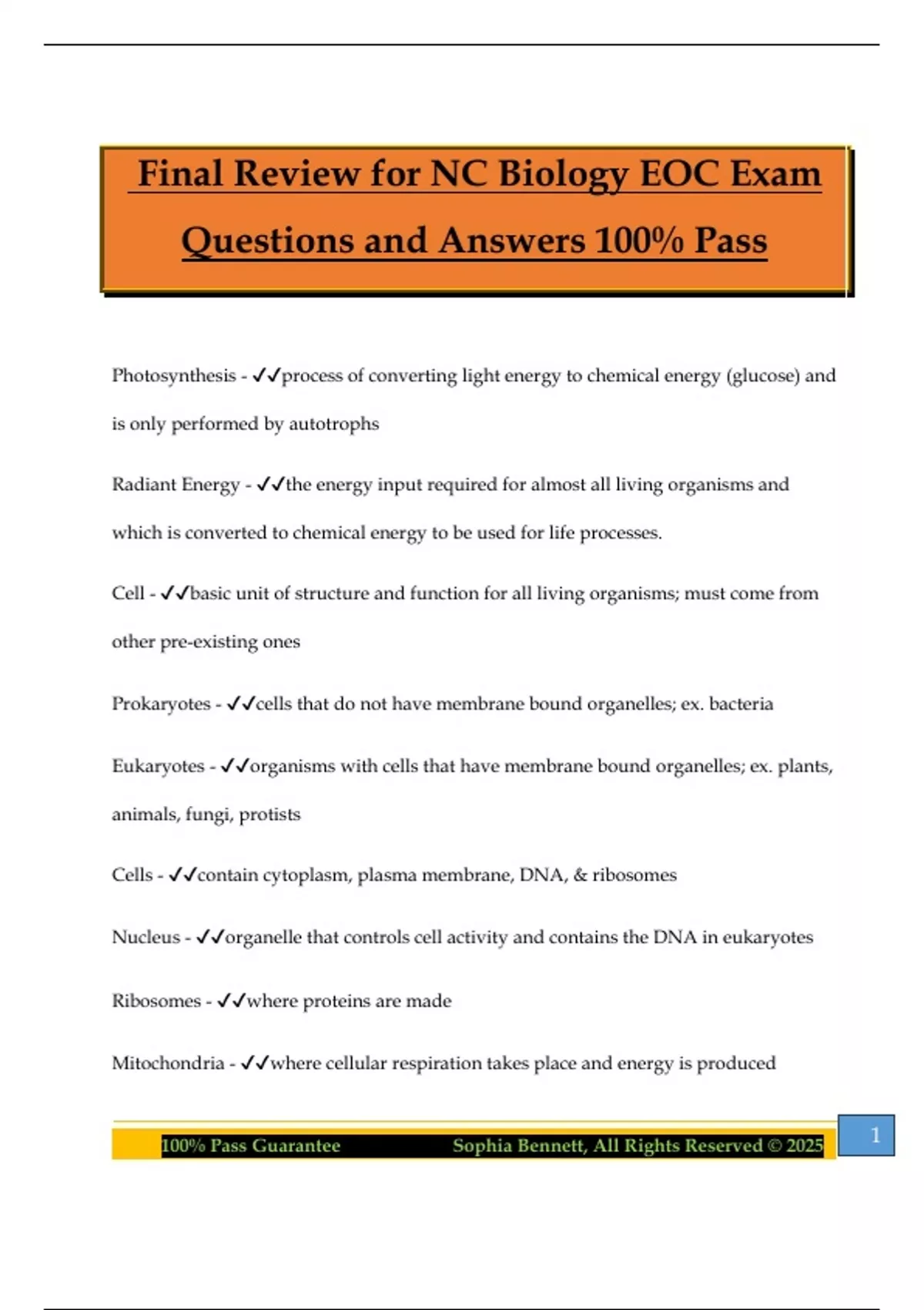 Final Review for NC Biology EOC Exam Questions and Answers 100% Pass ...