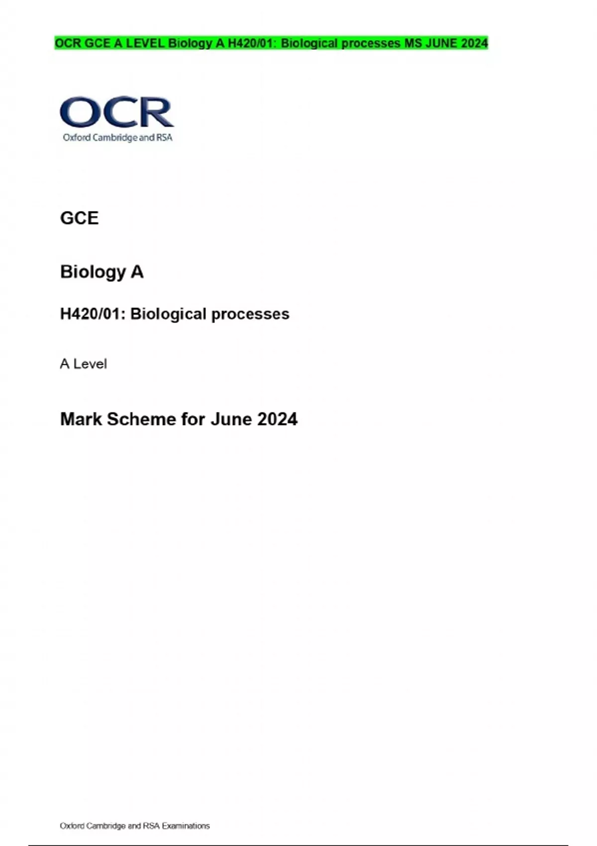 OCR GCE A LEVEL Biology A H420/01: Biological processes MS JUNE 2024 ...