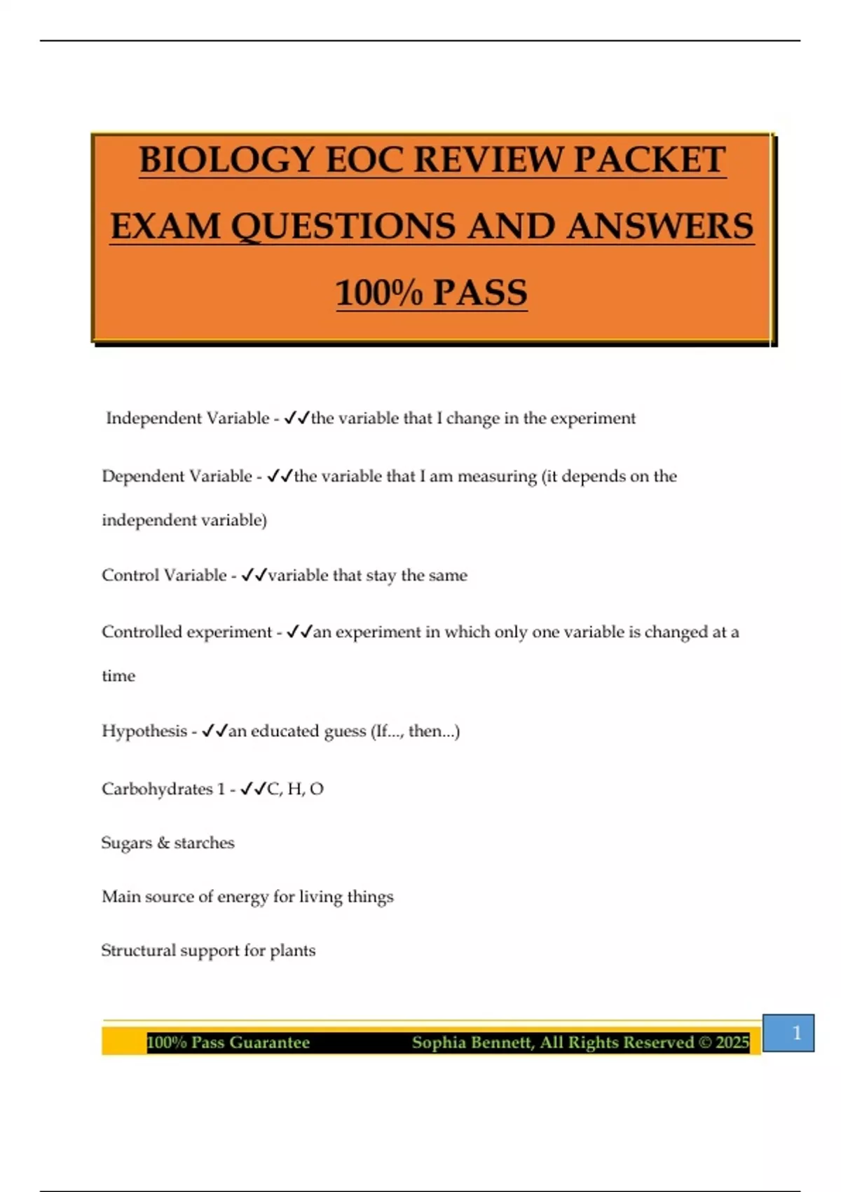 BIOLOGY EOC REVIEW PACKET EXAM QUESTIONS AND ANSWERS 100% PASS ...